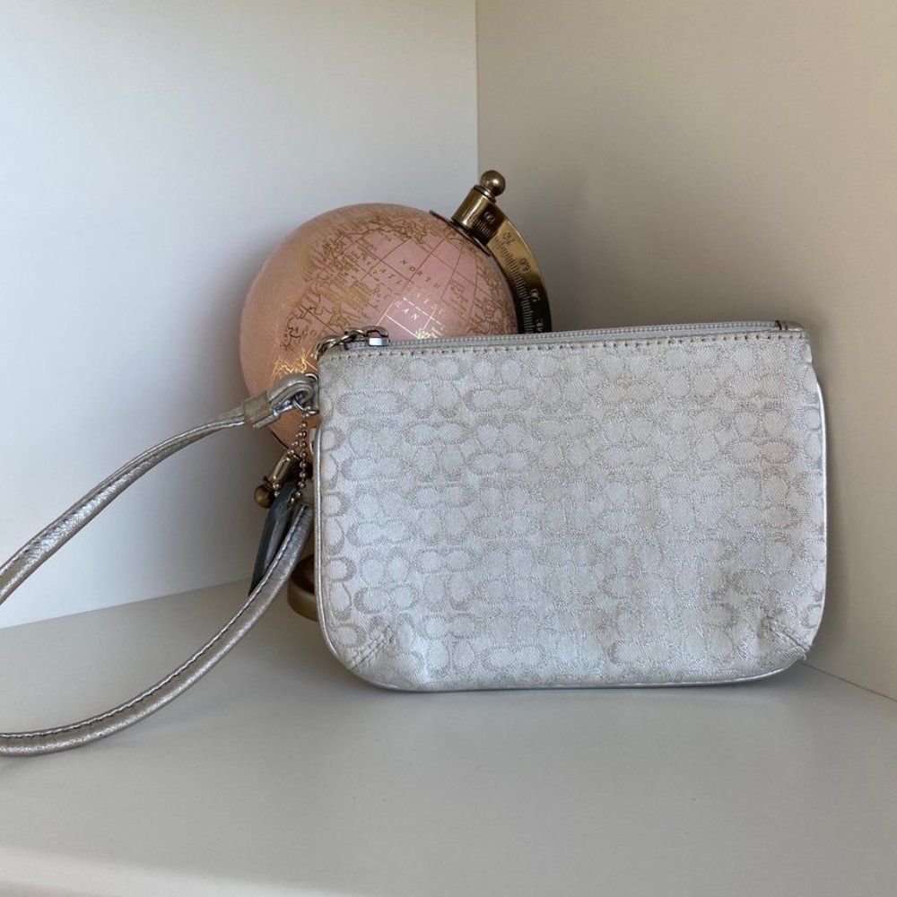 Coach Metallic Signature White Fabric Wristlet - Gem